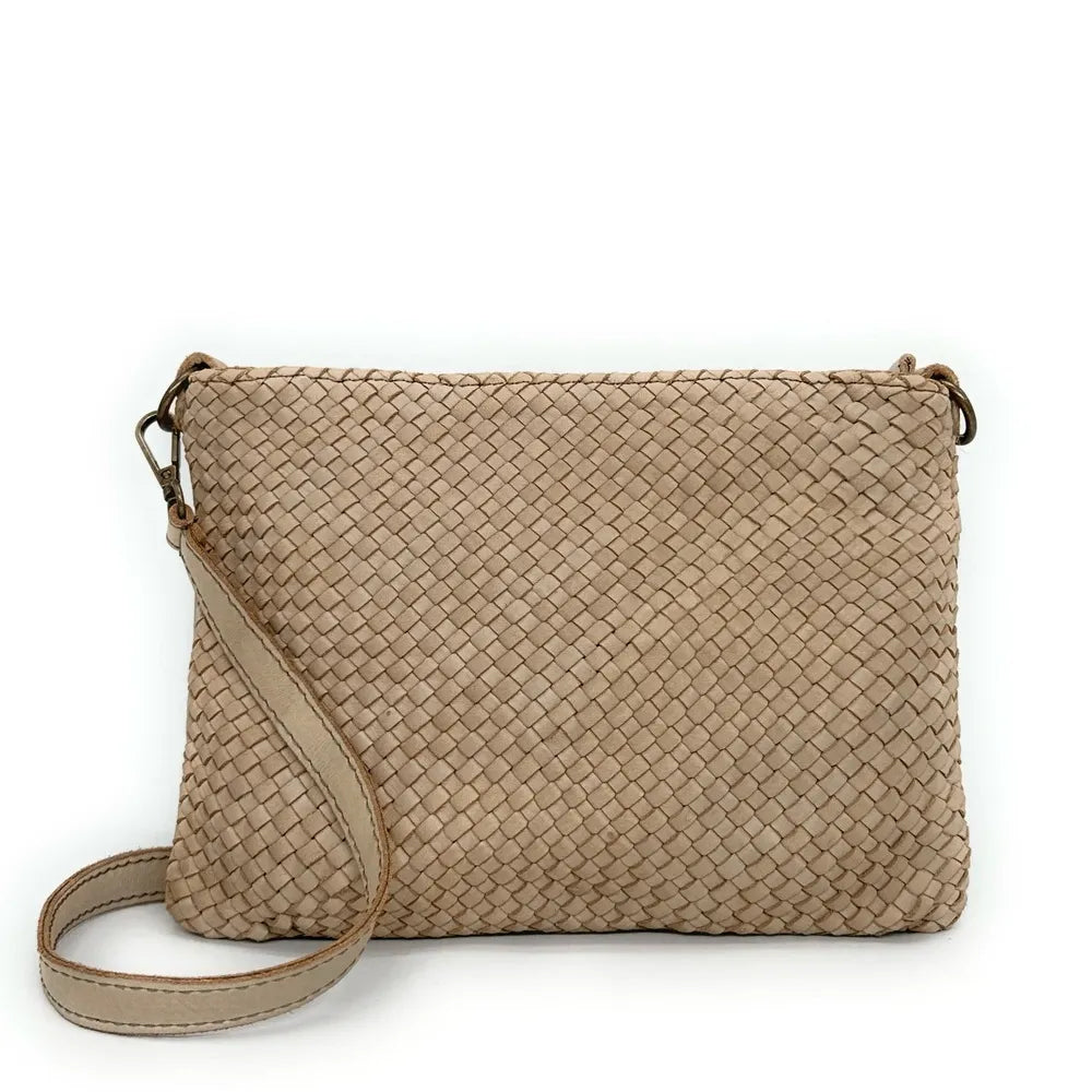 Sacs à Main Femme | Sac pochette en cuir tressé MISS JOE Taupe | Oh My Bag